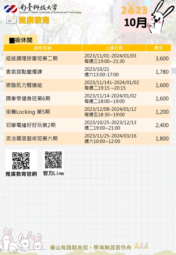 【推廣教育中心】轉知 南臺科技大學 「10月推廣教育課程」 報名中